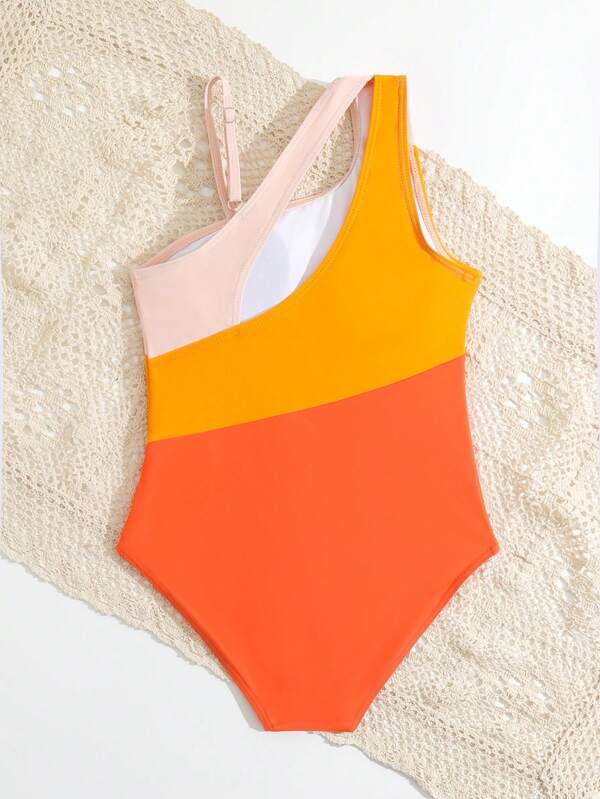 Girls Colorblock Asymmetrical Neck One Piece Swimsuit | SHEIN USA