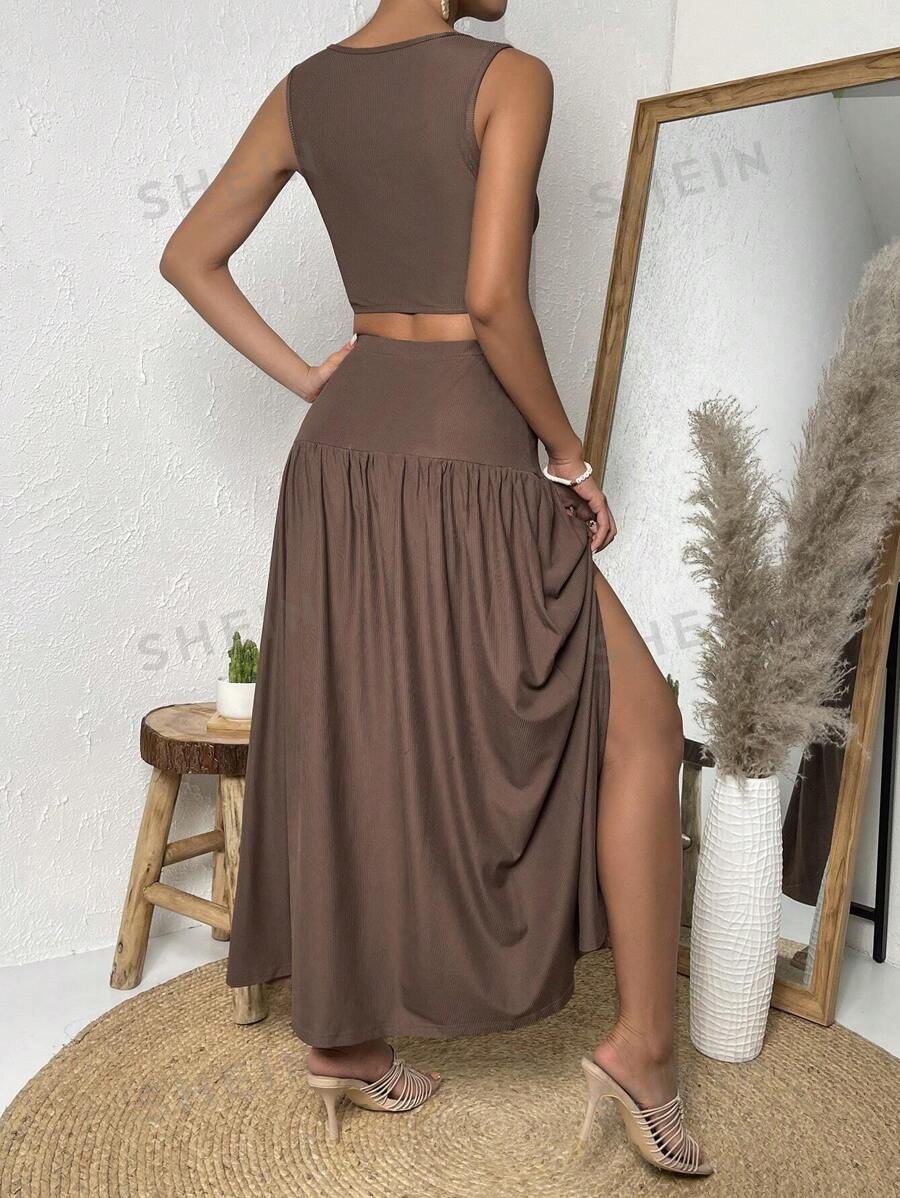 Shein Vcay Solid Ruched Detail Tank Top & Split Thigh Skirt For Sale