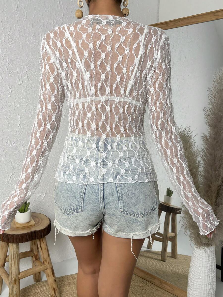 Shein Privé Solid Sheer Lace Top Without Bra Shein Usa