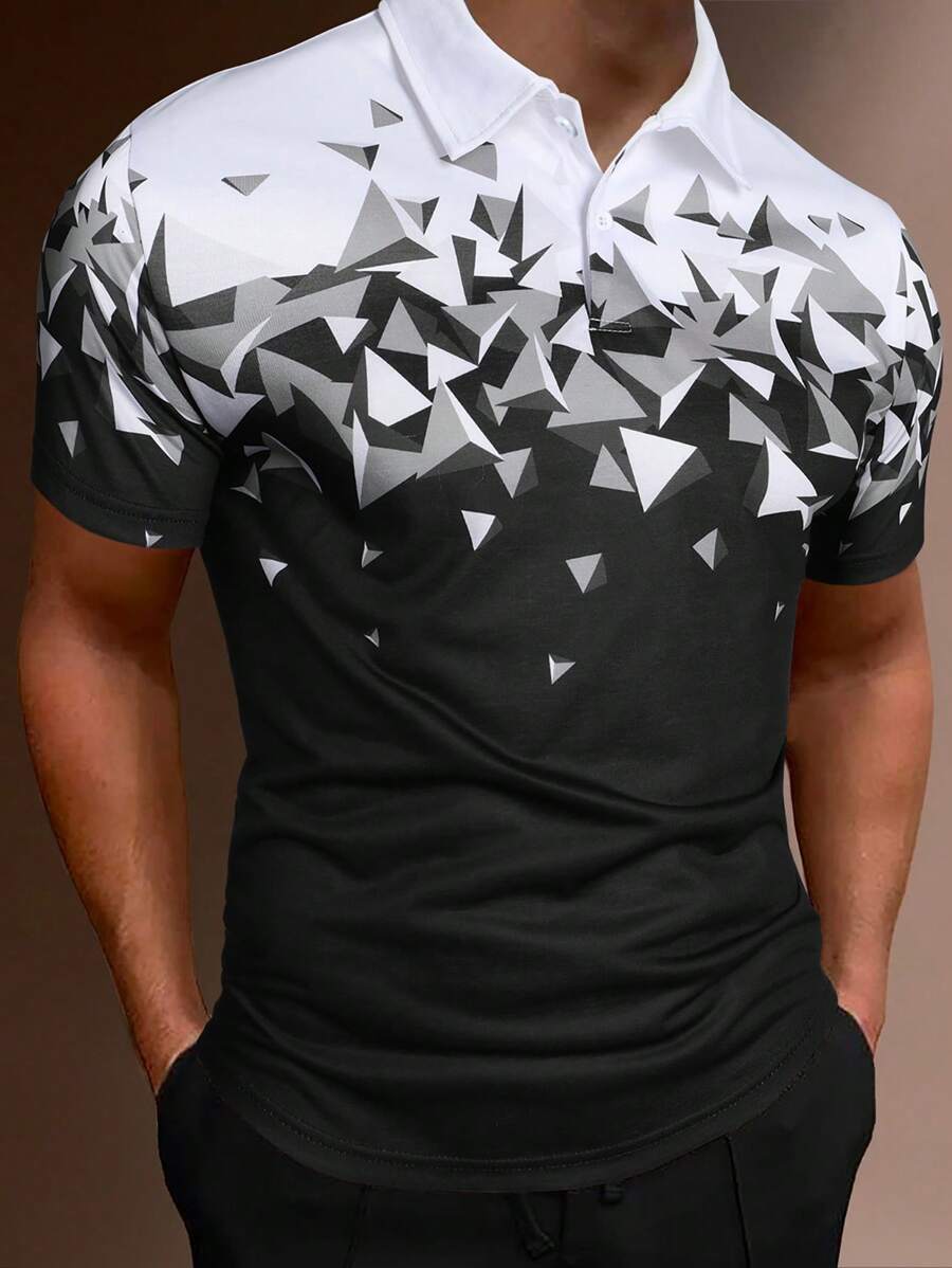 Manfinity Homme Men Geo Print Half Button Collar Color Block Going Out Casual Polo Shirt For ...