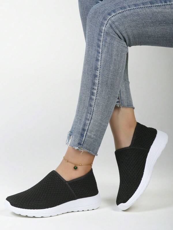 Sporty Black Sneakers For Women, Fabric Slip On Running Shoes | SHEIN USA