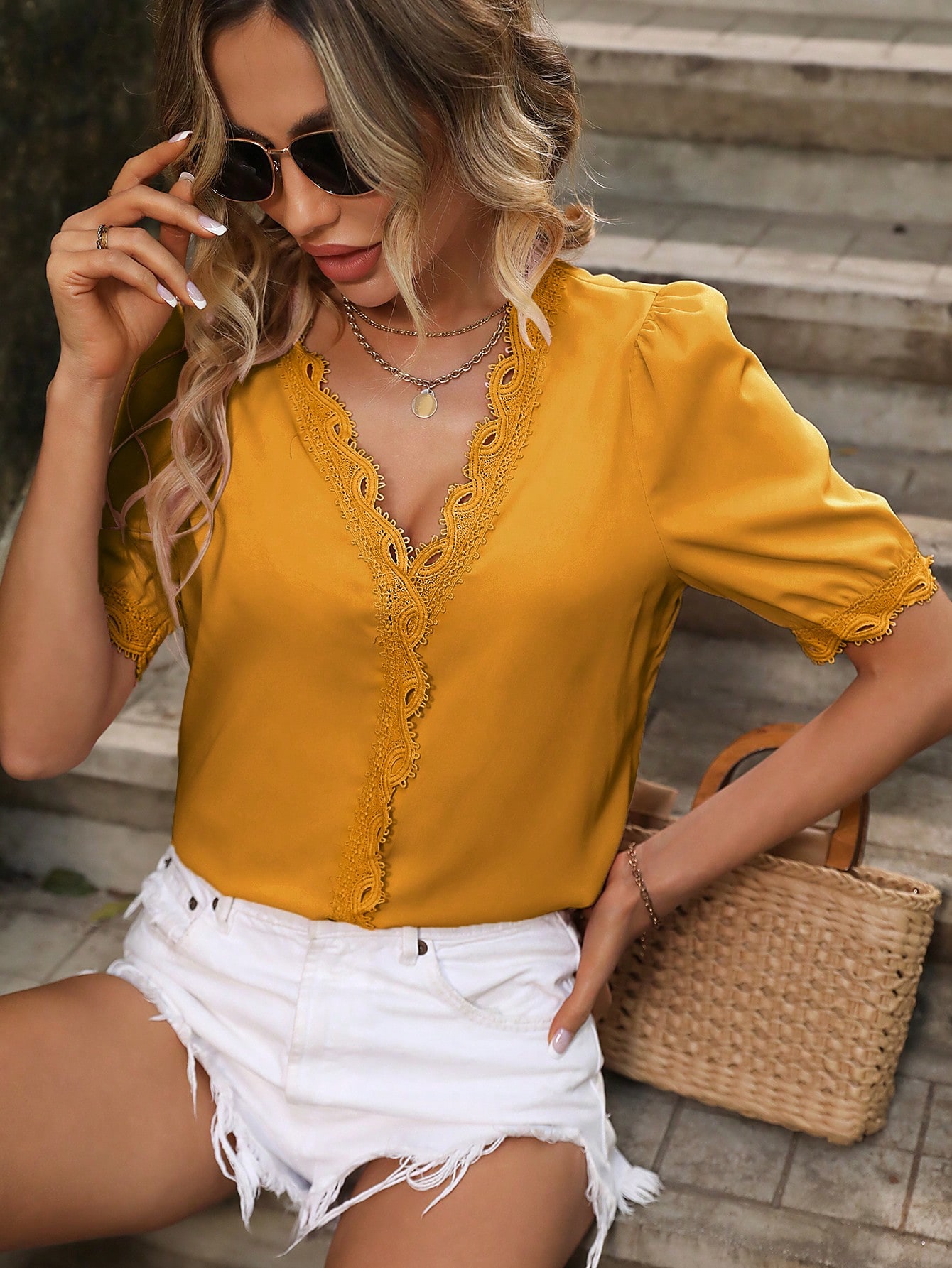 Solid Guipure Lace Trim Puff Sleeve Blouse Shein Usa