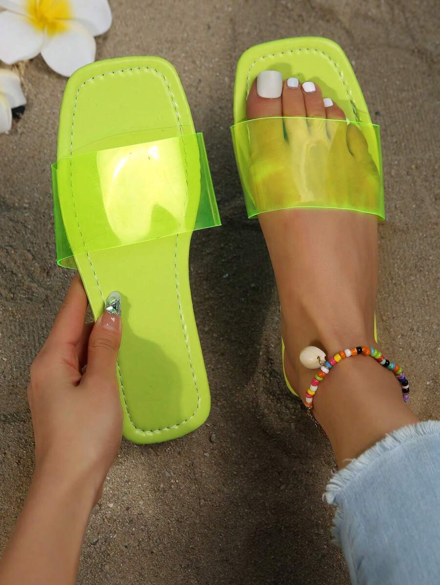 Funky Slide Sandals For Women, Neon Yellow PVC Single Band Flat Sandals ...