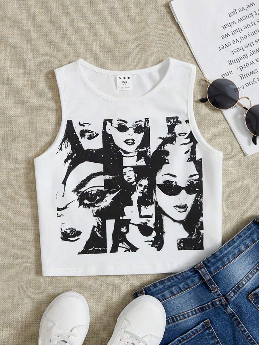 SHEIN Young Girl Knitted Sports Style Tank Top With Printed Portrait ...