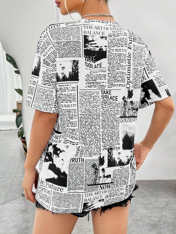 SHEIN Newspaper Print Drop Shoulder Tee | SHEIN EUQS