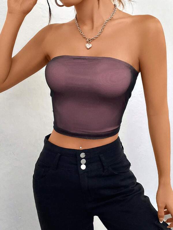 Shein Ezwear Mesh Overlay Crop Tube Top Shein Usa