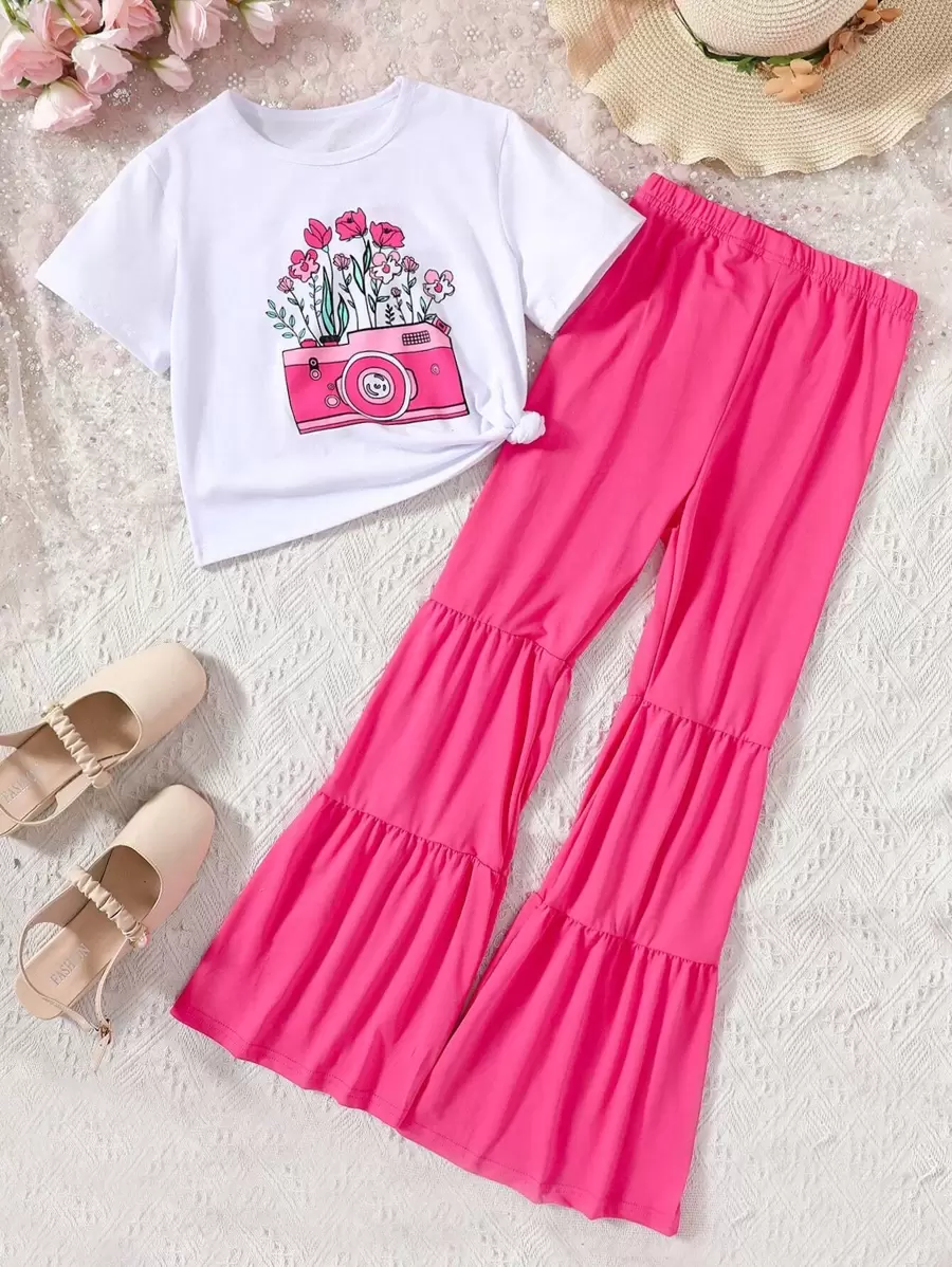SHEIN Tween Girl Floral & Camera Print Tee & Flare Leg Pants | SHEIN USA SHEIN Tween Girl Floral & Camera Print Tee & Flare Leg Pants | SHEIN USA