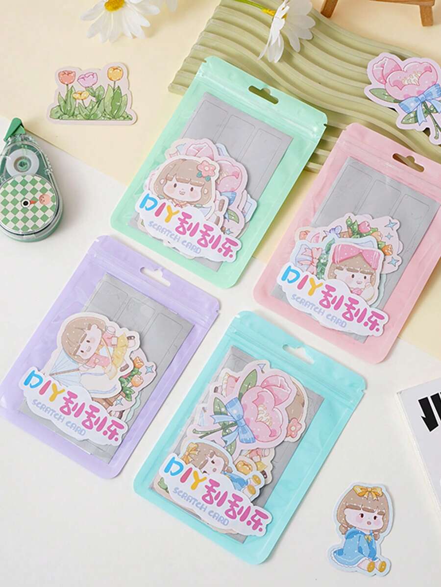 4pcs Cartoon Figure & Flower Pattern Scratch Card, Cute Multi-purpose ...