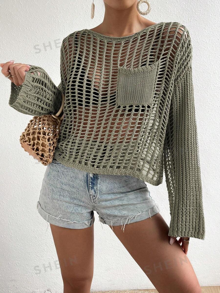 SHEIN Swim Hollow Out Pocket Patched Drop Shoulder Cover Up,Summer ...