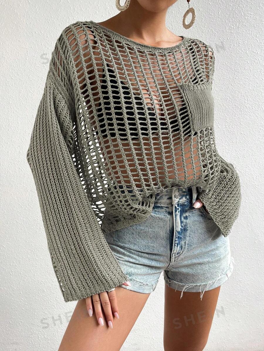 SHEIN Swim Hollow Out Pocket Patched Drop Shoulder Cover Up,Summer ...