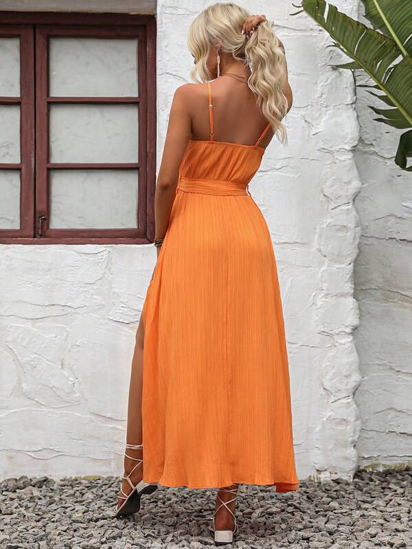 Shein Vcay Solid Split Thigh Belted Cami Dress Shein Usa