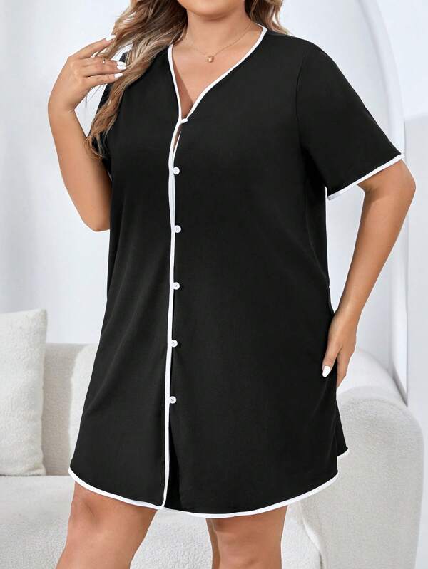 Plus Contrast Binding Button Front Nightdress | SHEIN USA