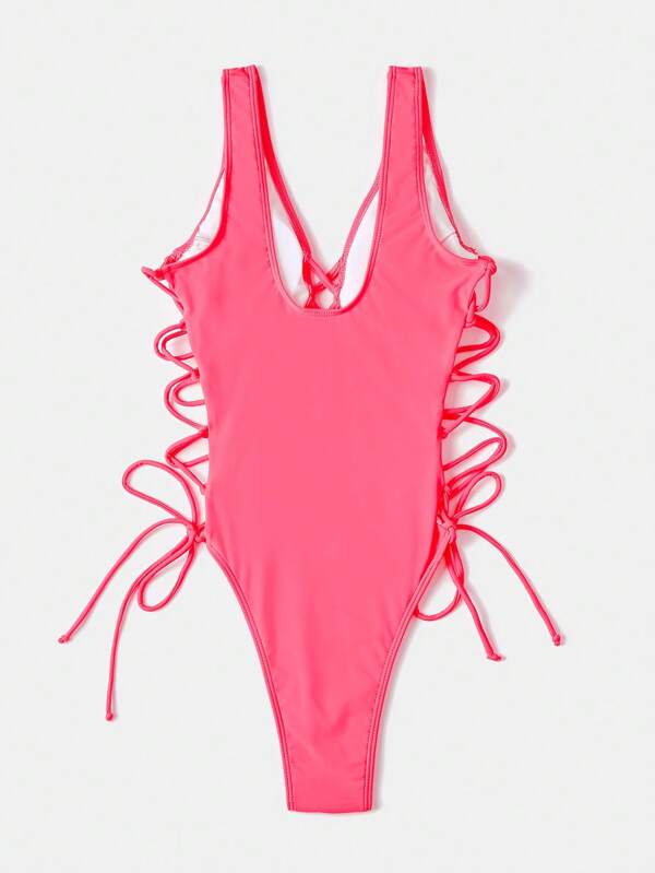 Lace Up Side One Piece Swimsuit Shein Usa
