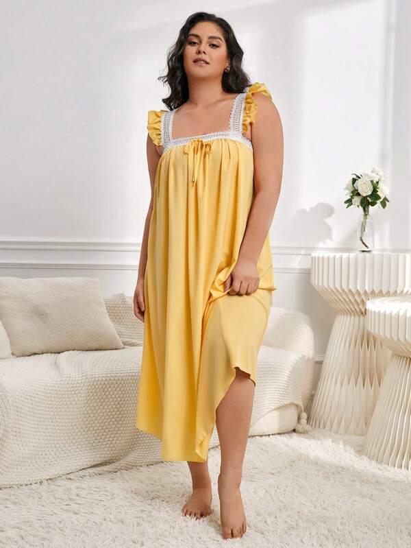 فستان نوم دانتيل متباين اللون مقلم بكشكش ربطة امامية مقاس كبير | شي إن