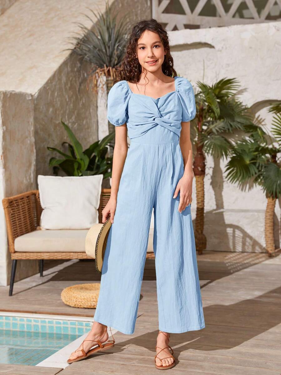 Shein Teen Girls Twist Front Puff Sleeve Wide Leg Jumpsuit | Shein Usa