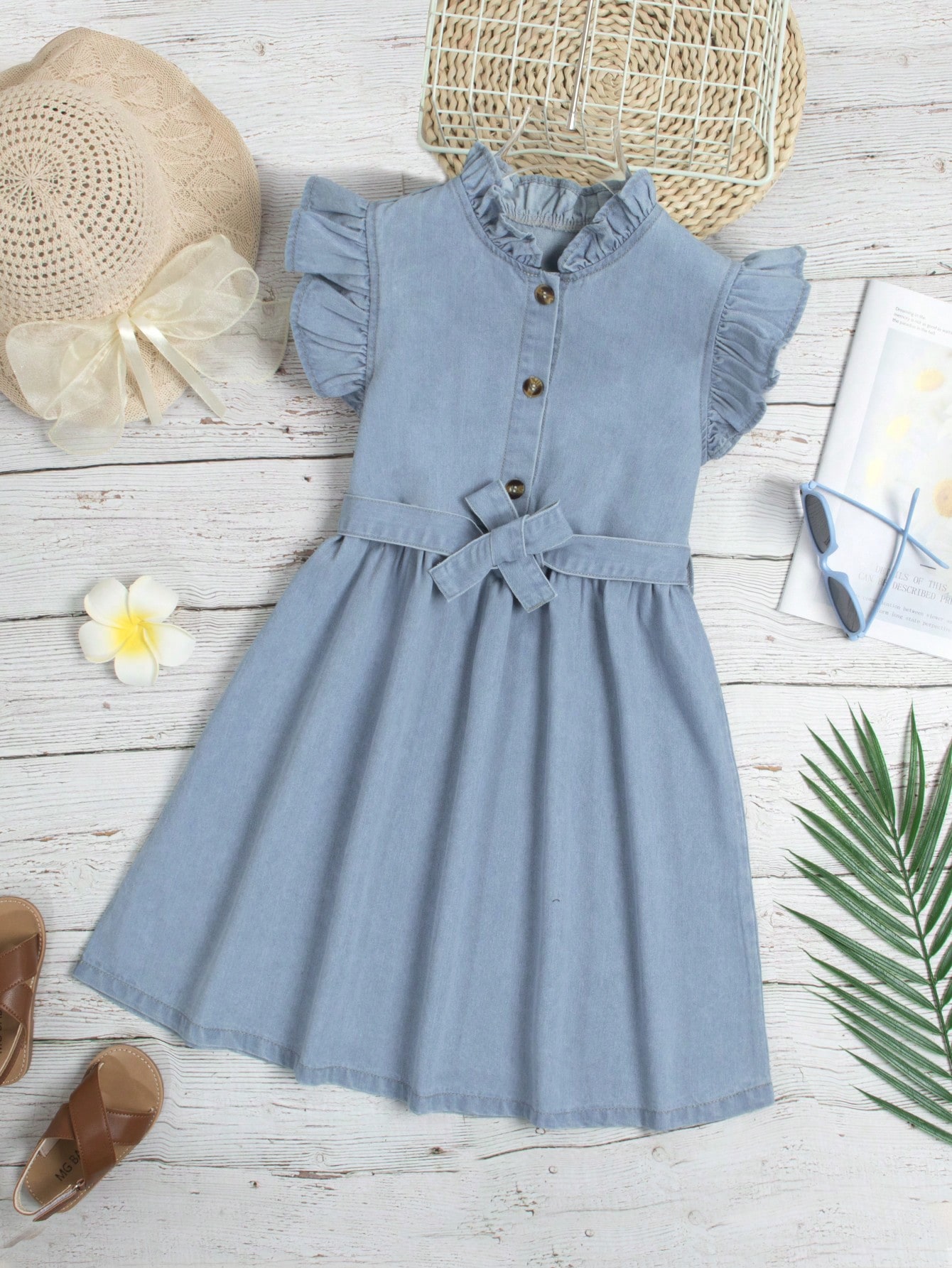 Girls Half Button Ruffle Trim Belted Denim Dress | SHEIN USA