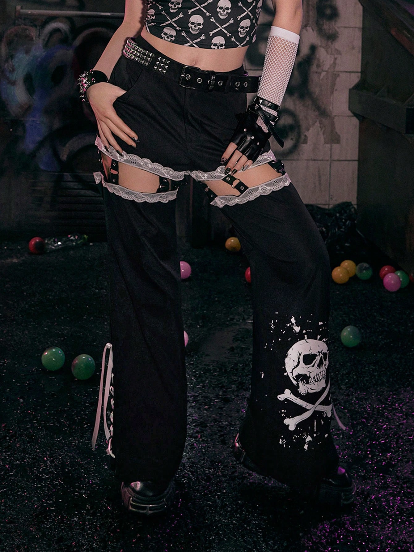 ROMWE Grunge Punk Skull Print Contrast Lace Cut Out Pants | SHEIN USA