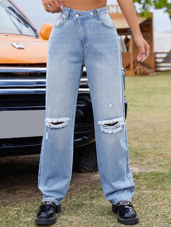 High Waist Ripped Straight Leg Jeans Shein Usa