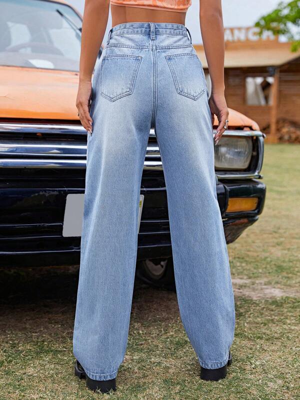 High Waist Ripped Straight Leg Jeans Shein Usa