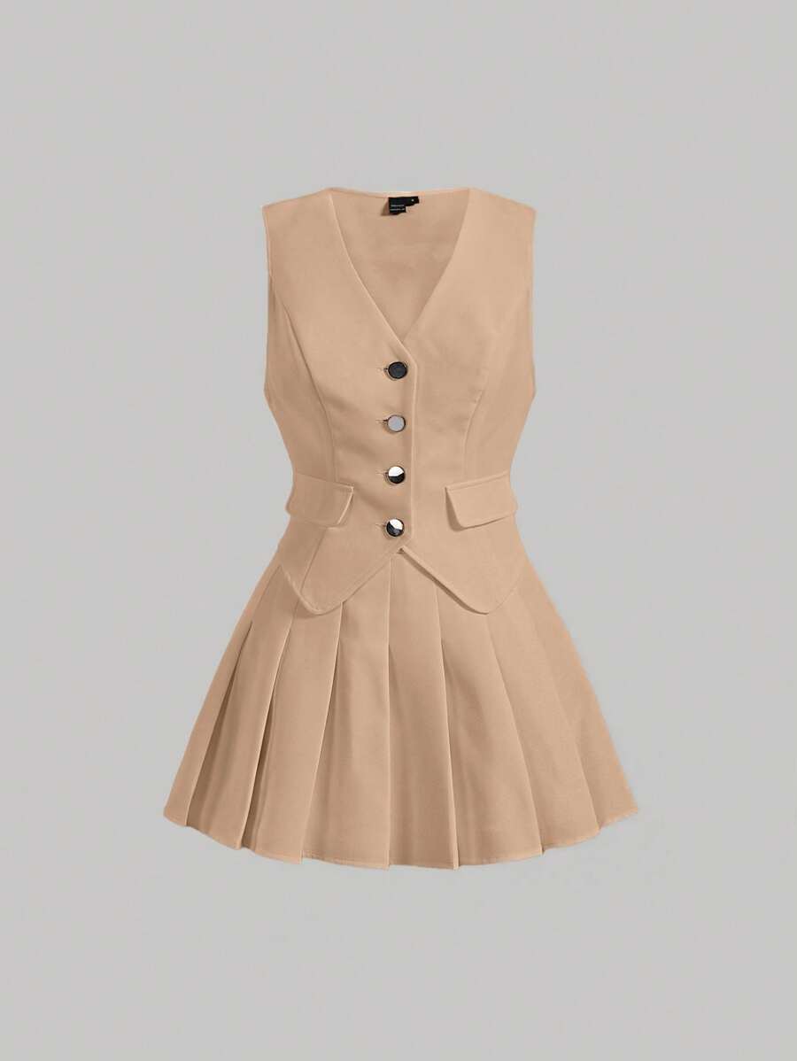 Shein Mod Solid Button Front Vest Blazer And Pleated Skirt Shein Usa