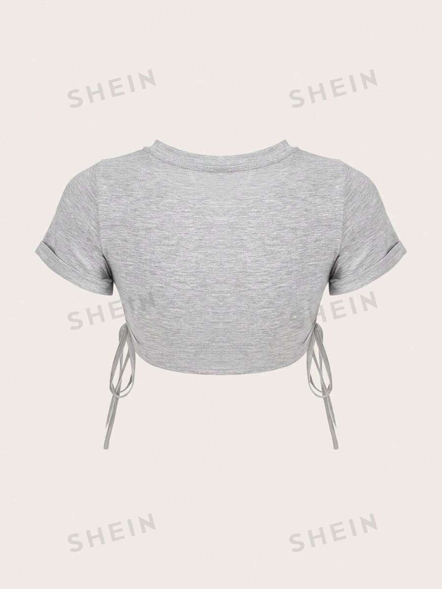 SHEIN ICON Slogan Graphic Knot Side Crop Top Thinking Alone What Is ...