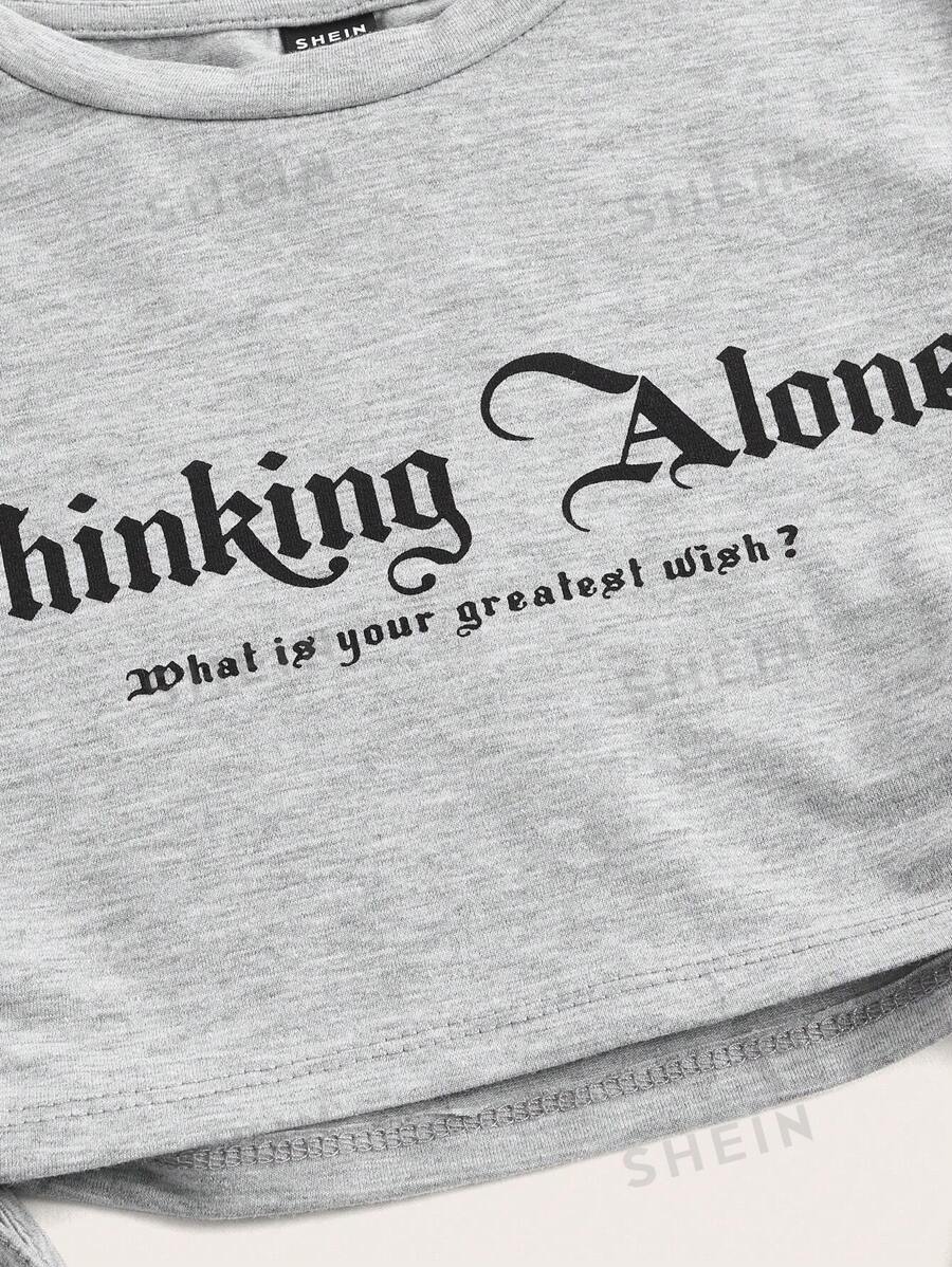 SHEIN ICON Slogan Graphic Knot Side Crop Top Thinking Alone What Is ...