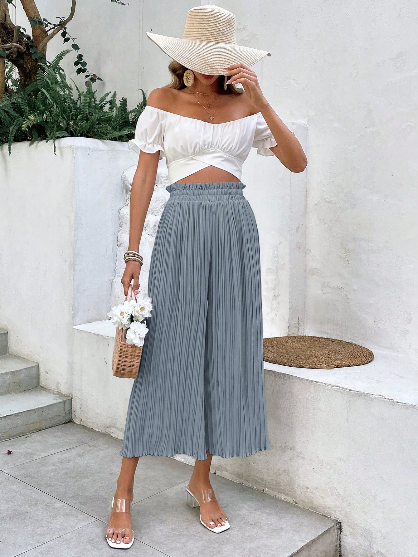 Shein Frenchy Paperbag Waist Plisse Wide Leg Trousers Shein Uk