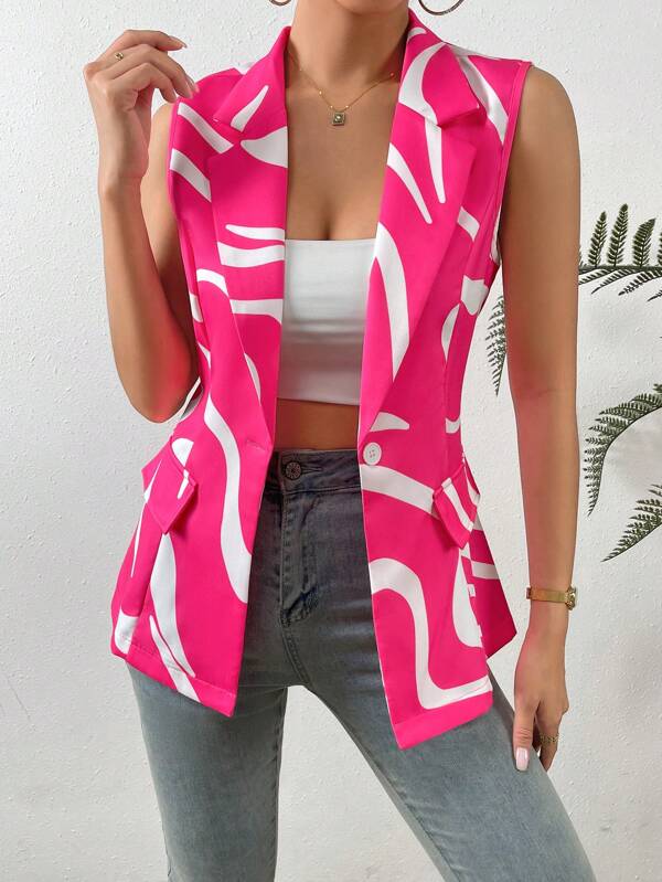 SHEIN Privé Graphic Print Single Button Vest Blazer | SHEIN USA