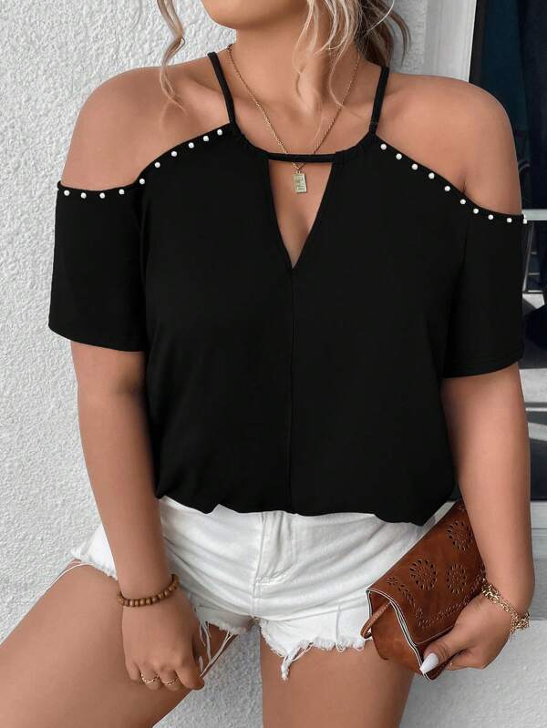 SHEIN LUNE Plus Pearls Beaded Cold Shoulder Cut Out Tee for Sale Australia| New Collection ...