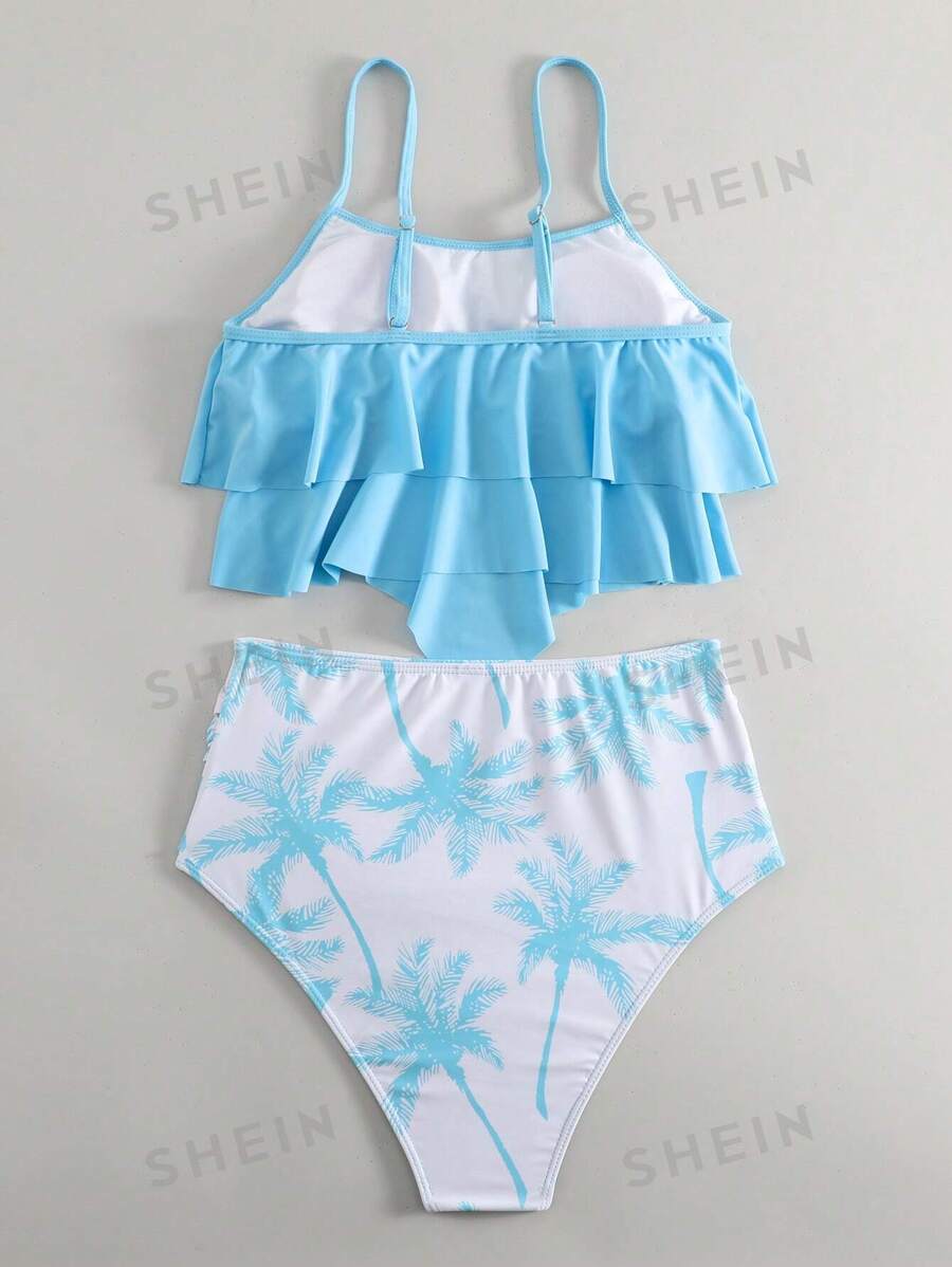 Shein Swim Maiô Tankini De Cintura Alta Com Estampa Tropical E Barra