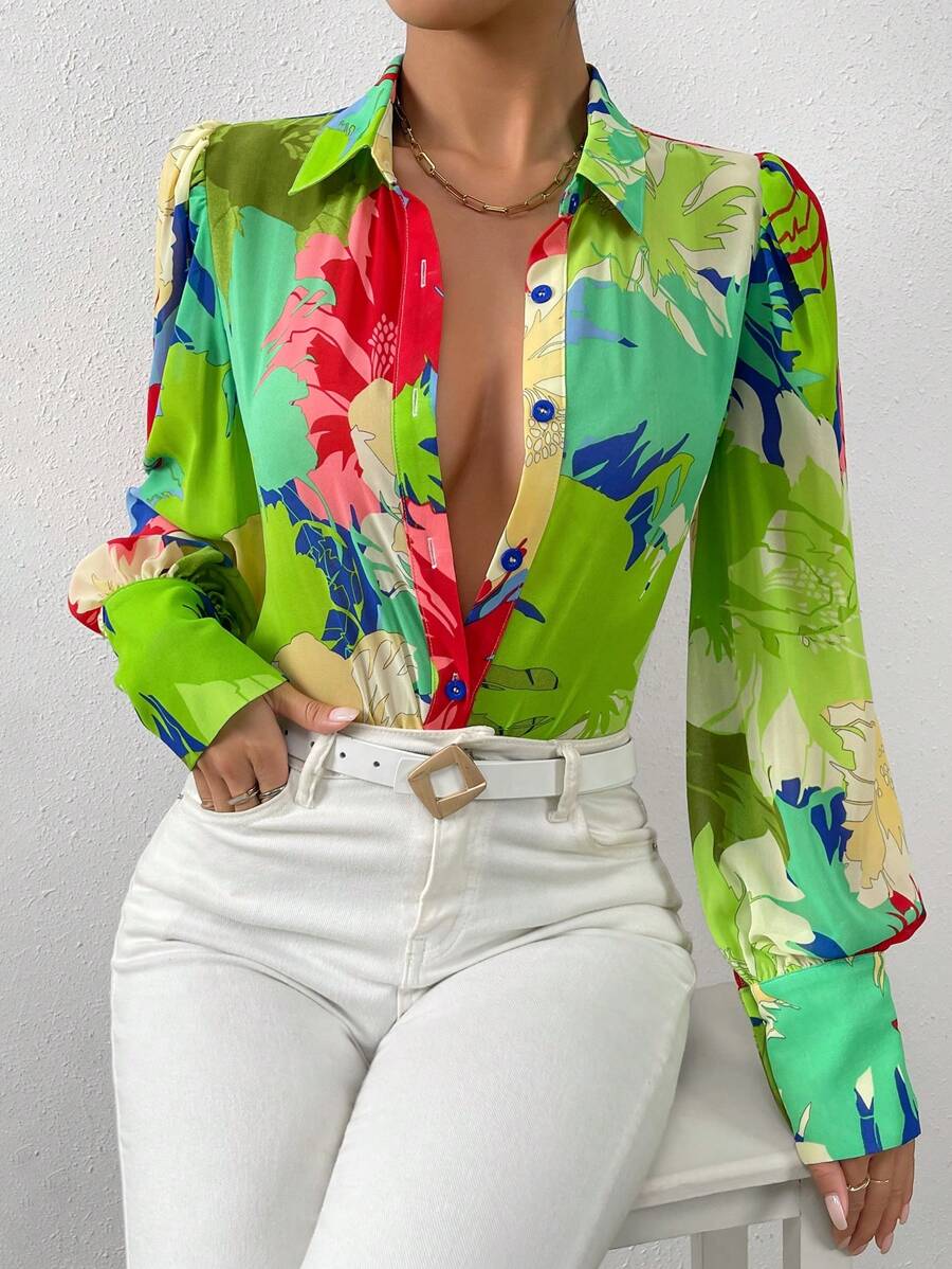 Shein Privé Tropical Print Button Front Shirt Shein Usa