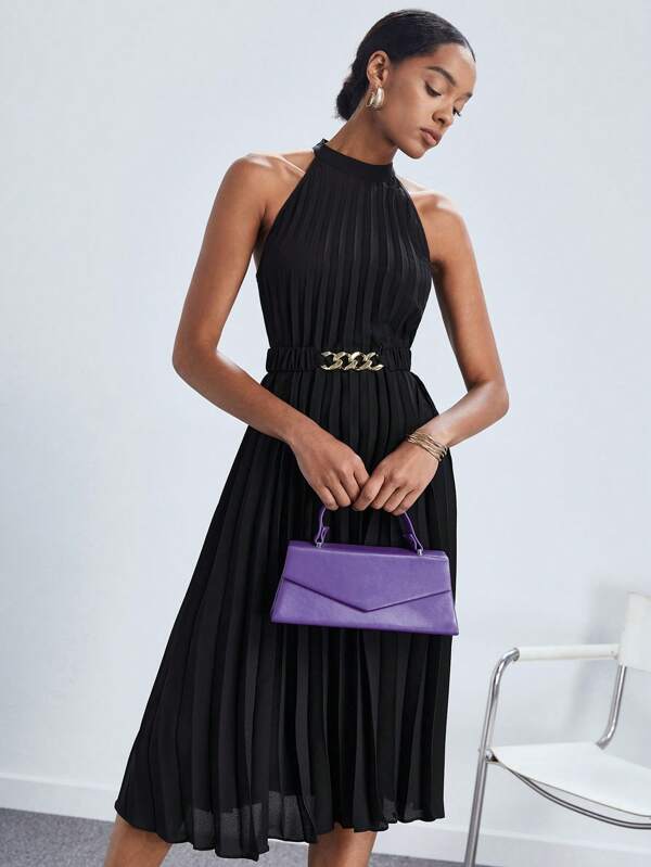 SHEIN BIZwear Solid Pleated Halter Neck Belted Dress Workwear | SHEIN UK