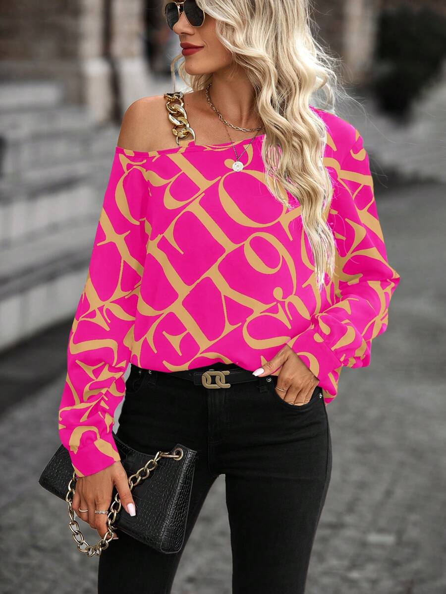 Shein Lune Allover Print Chain Detail Asymmetrical Neck Drop Shoulder
