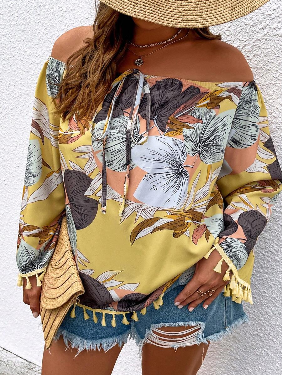 SHEIN VCAY Plus Tropical Print Off Shoulder Tassel Trim Knot Front ...