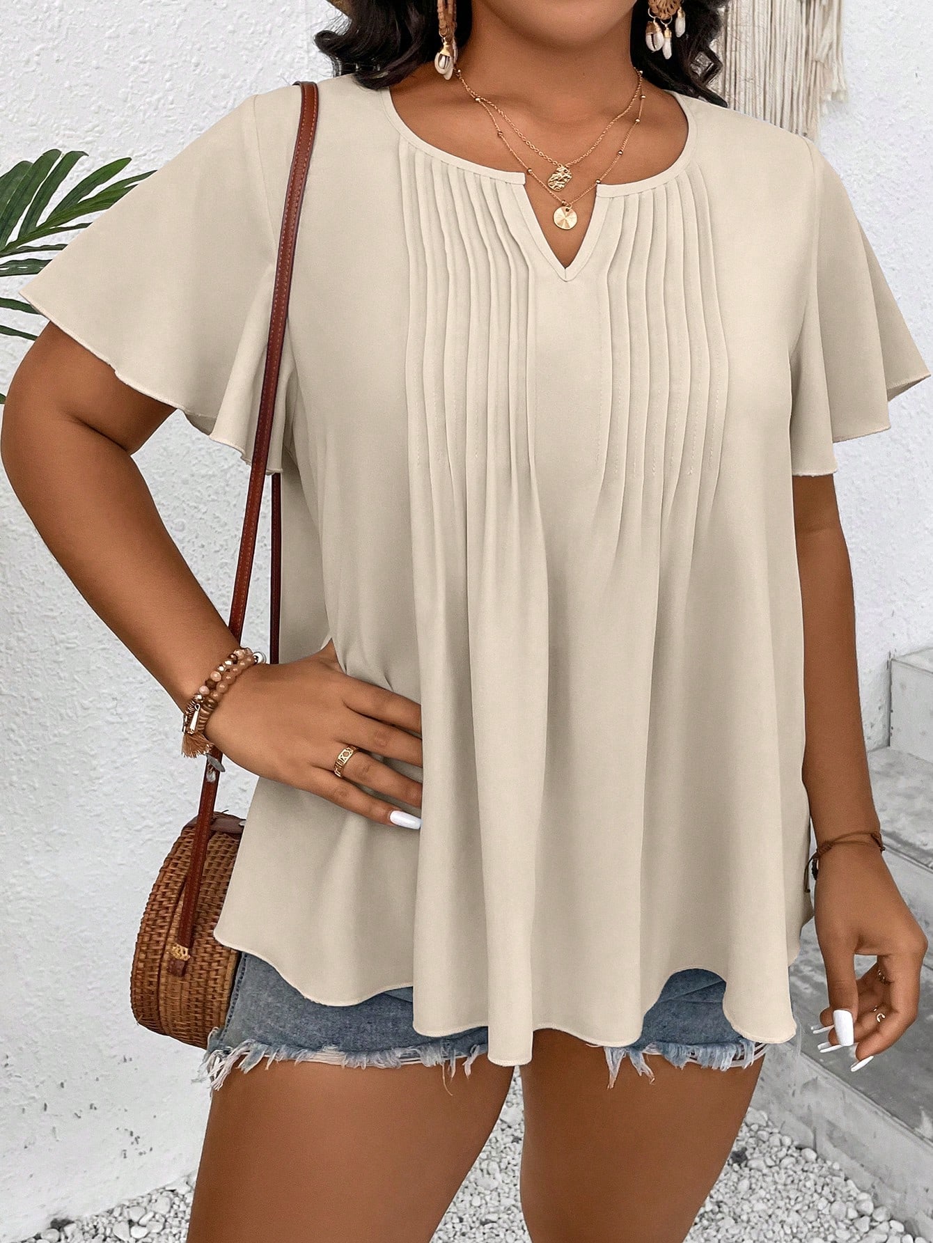 Shein Lune Plus Notched Neckline Butterfly Sleeve Blouse Shein Uk