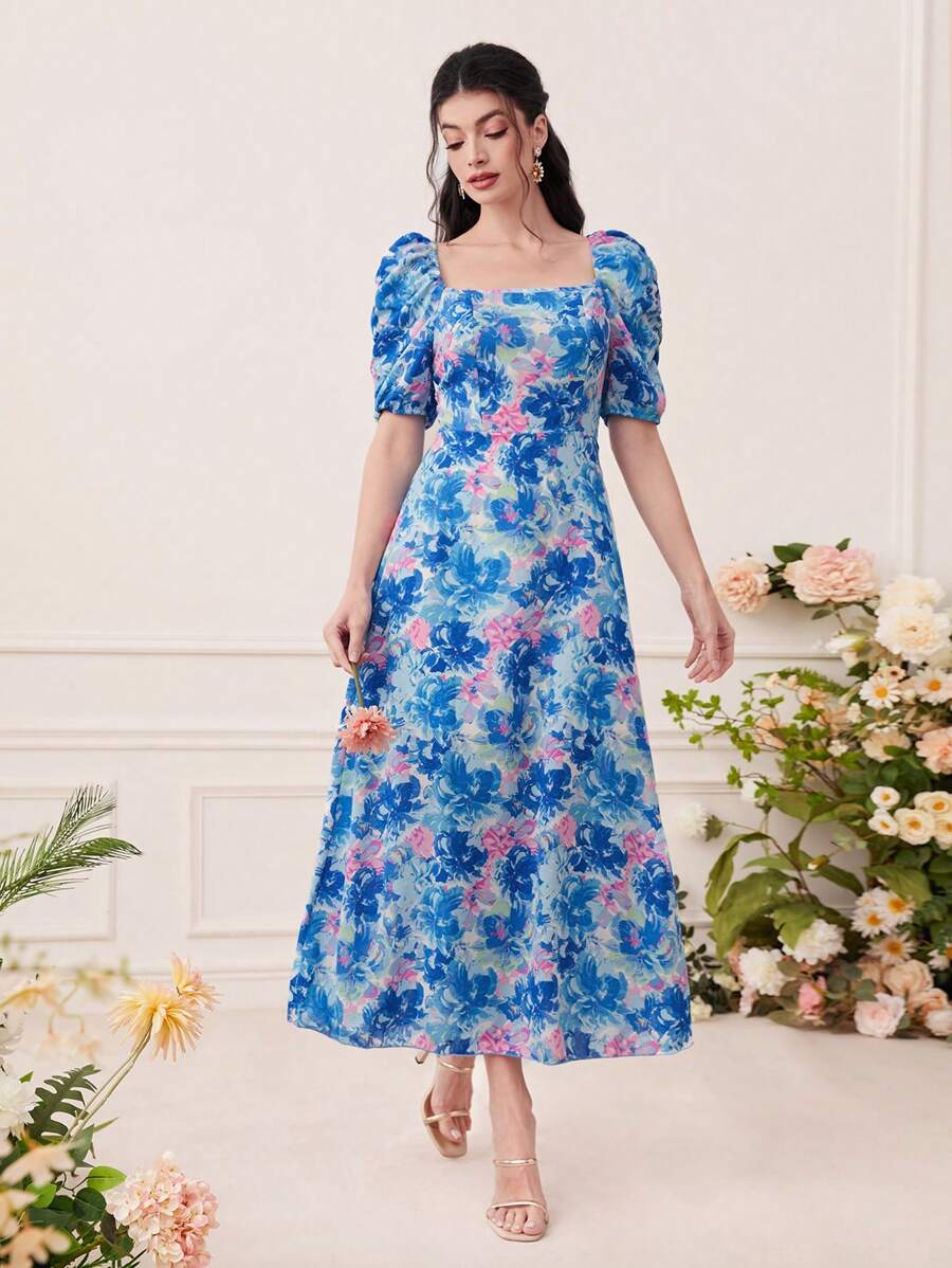Mulvari Floral Print Square Neck Puff Sleeve Dress | SHEIN USA