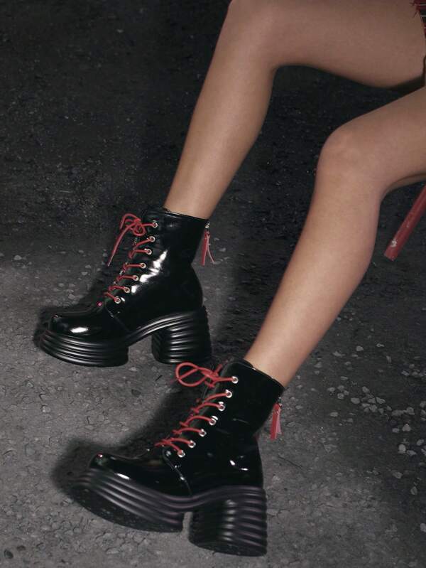 Grunge Punk Women Minimalist Lace-up Front Platform Chunky Heeled ...