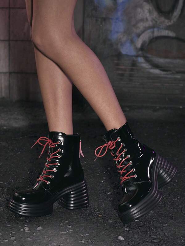 Grunge Punk Women Minimalist Lace-up Front Platform Chunky Heeled ...