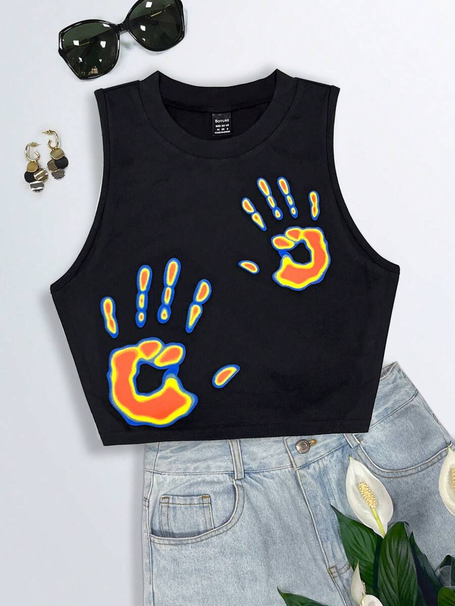 Flirla Hand Print Tank Top Graphic Tees Women Tops | SHEIN USA