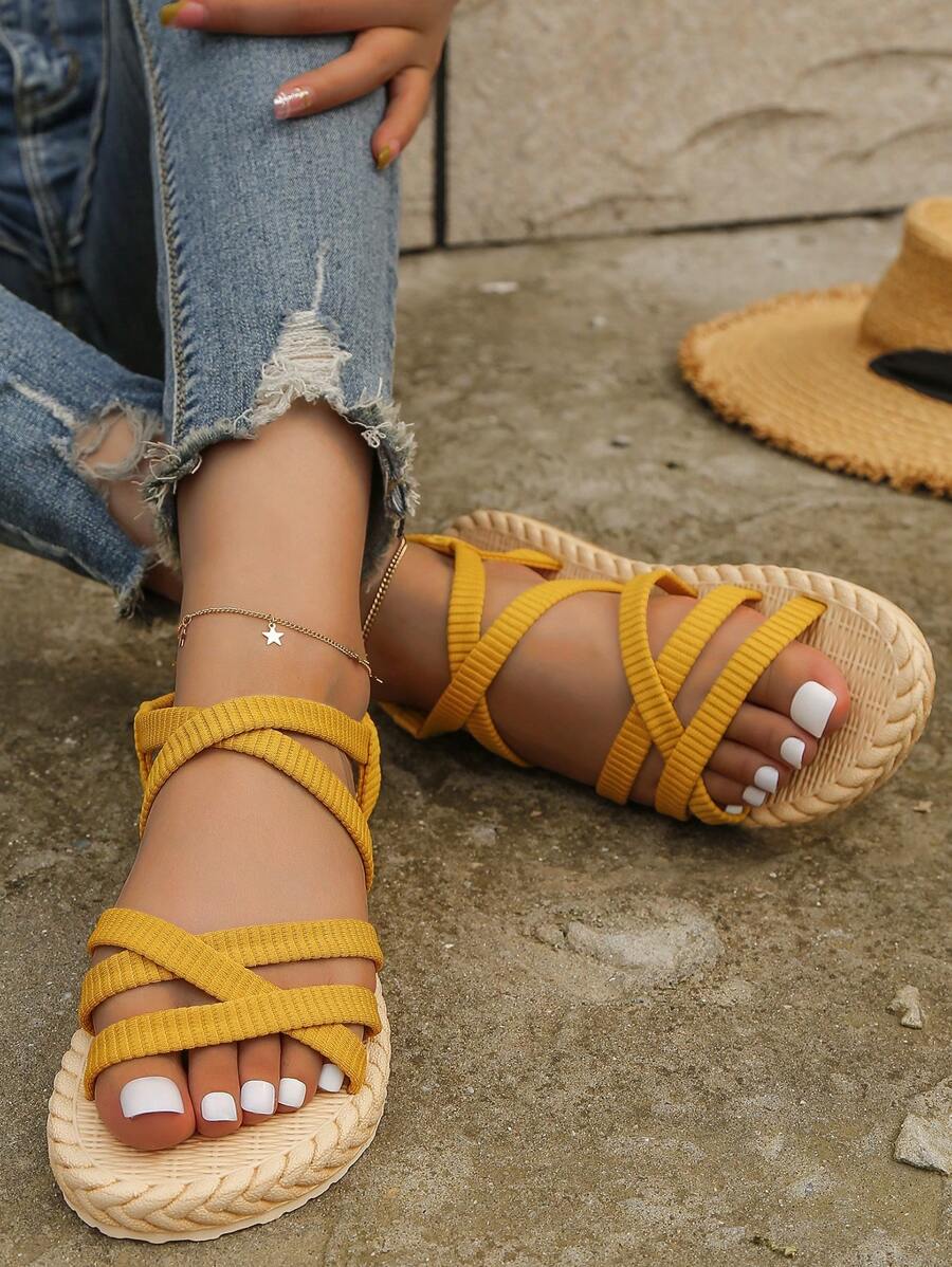 Women Criss Cross Slingback Sandals Vacation Outdoor Fabric Flat Sandals Shein Usa