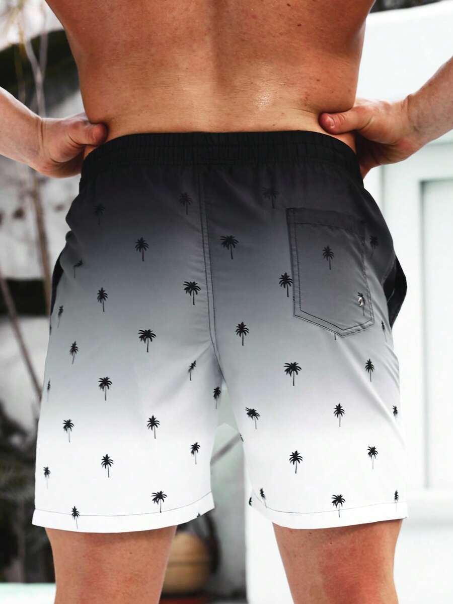 Manfinity Men Coconut Tree Print Ombre Drawstring Waist Swim Trunks