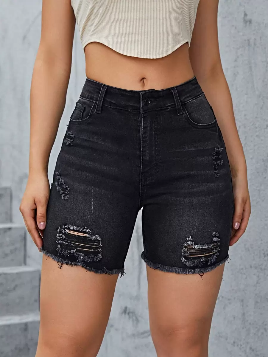 SHEIN EZwear Ripped Raw Hem Denim Shorts | SHEIN USA