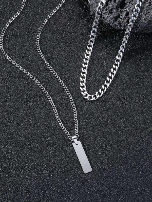 2pcs/set Fashion Stainless Steel Rectangle Pendant Necklace For Men For ...
