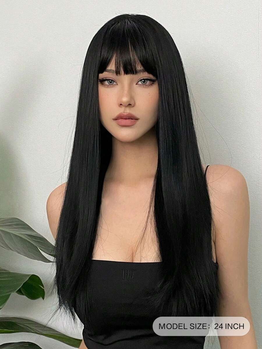 Black Long Straight Hair Wigs Natural Black Heat Resistant Fiber Hair ...