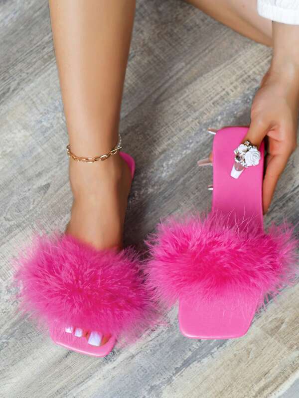 Women Fluffy Decor Slide Sandals, Artificial Leather Glamorous Sandals ...