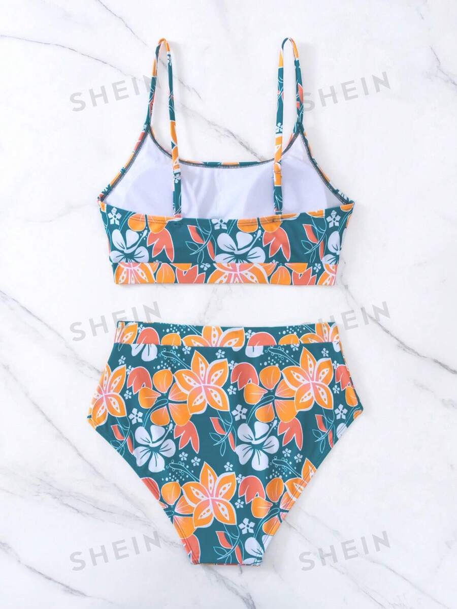Shein Swim Vcay Random Floral Print Bikini Set Wireless Bra Top And High
