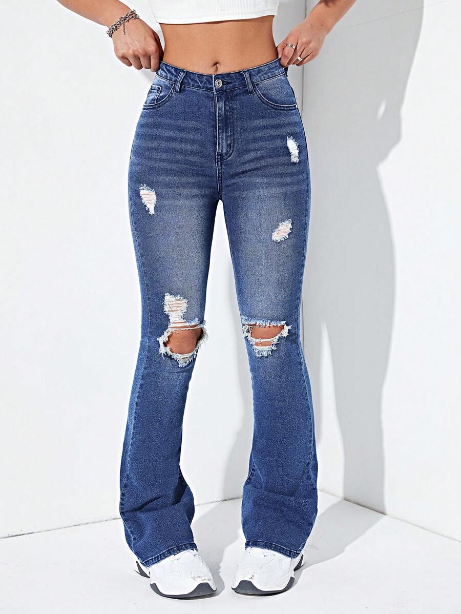 SHEIN EZwear Ripped Flare Leg Jeans | SHEIN USA