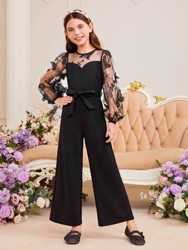 SHEIN Kids Nujoom Girls Contrast Mesh Appliques Belted Wide Leg ...