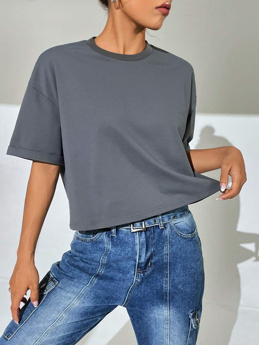 SHEIN EZwear Solid Drop Shoulder Tee | SHEIN USA