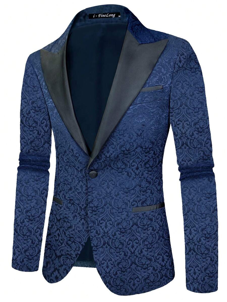 Men Contrast Panel Lapel Neck Single Button Jacquard Blazer | SHEIN USA